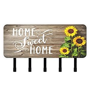 linqin Home Sweet Home Sunflower Key Holder for Wall, Decorative Wall Mounted Key Racks with 5 Key Hooks, Mail Key Organizer with Hanger for Entryway/Door/Bathroom/Kitchen
