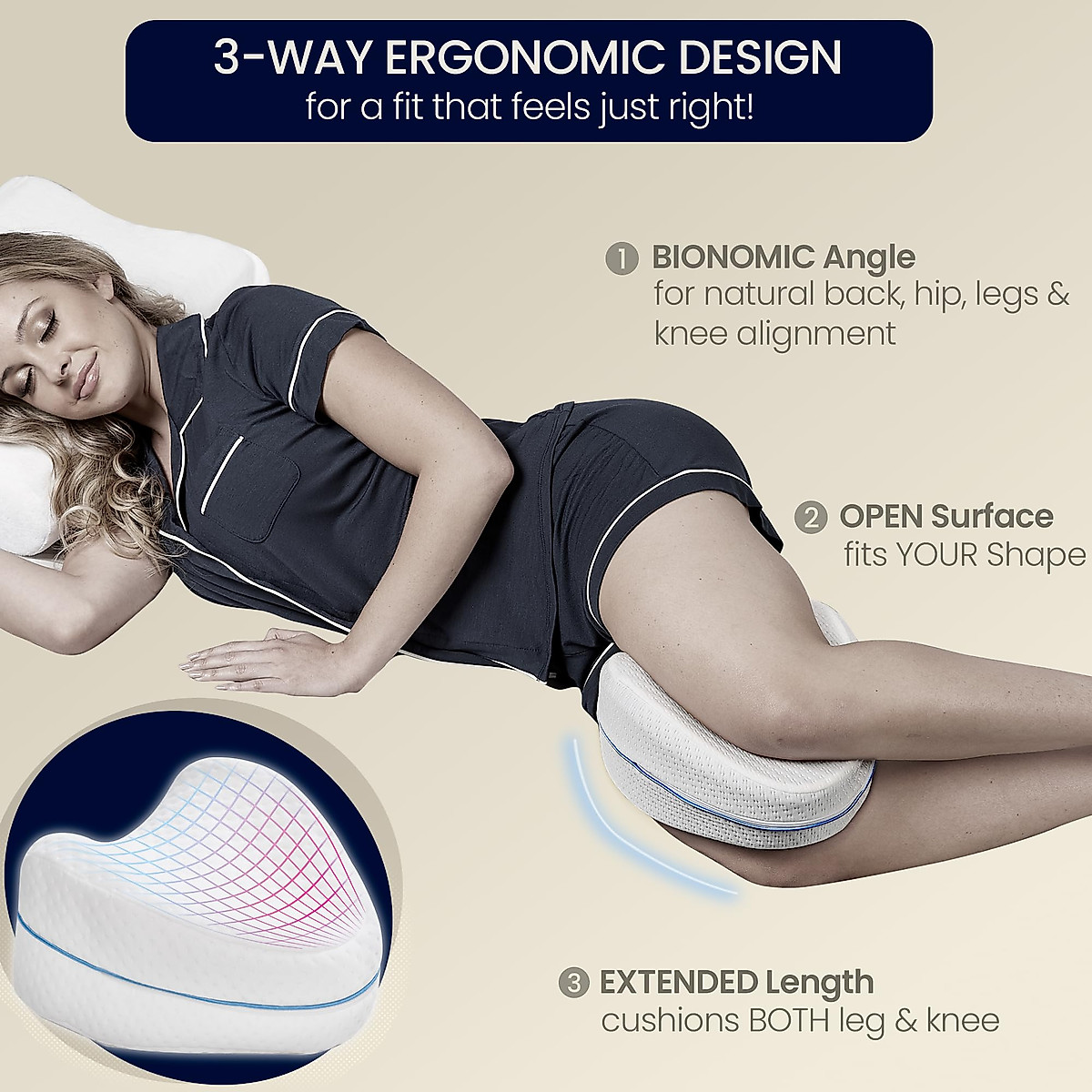 Contour Legacy Leg & Knee Foam Support Pillow - Soothing Pain Relief for Sciatica, Back, Hips, Knees, Joints - As Seen on TV