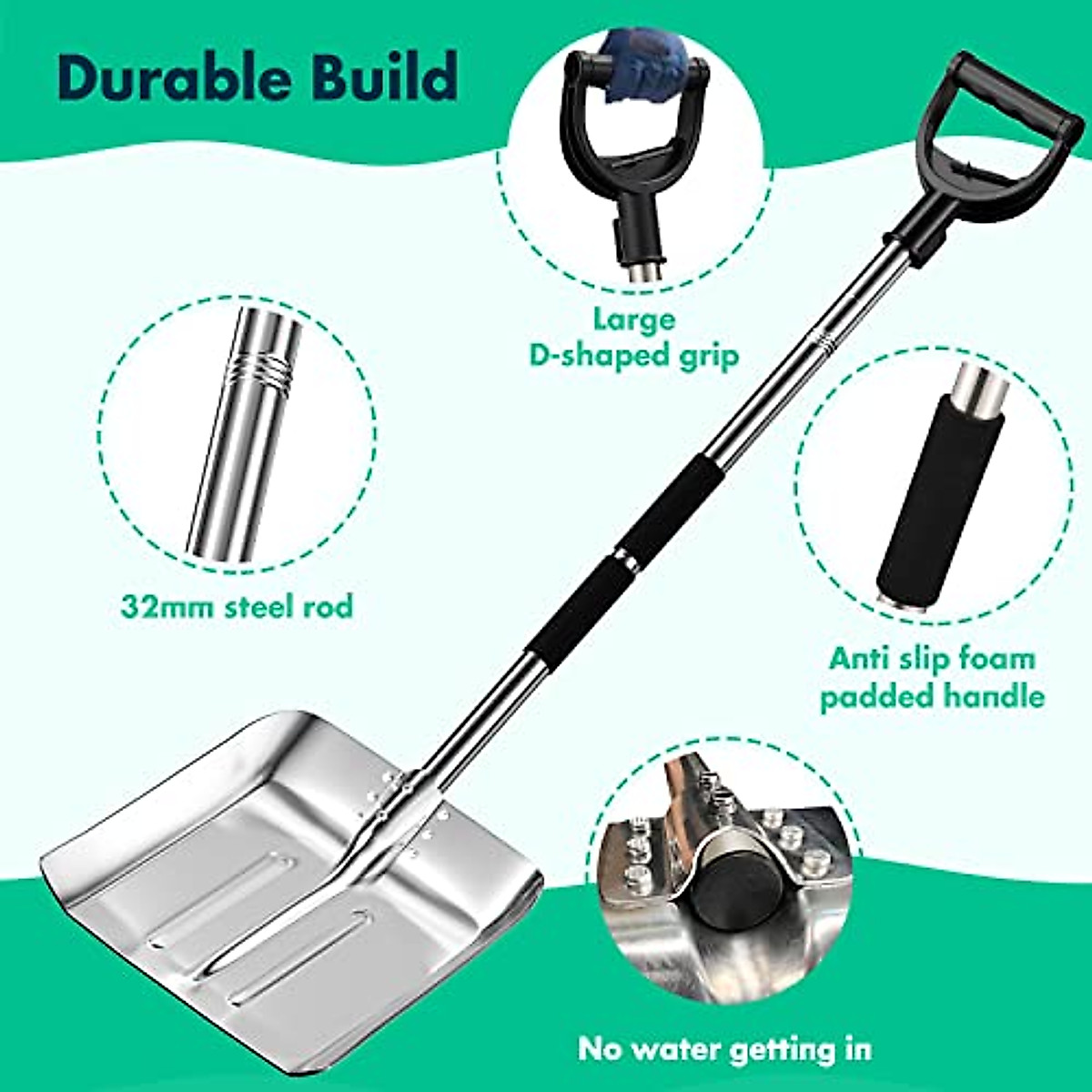 Snow Shovel Metal, 50 inch Long 13.3” Wide Aluminum Heavy Duty Snow Shovel for Driveway,Lightweight Emergency Car Snow Shovels for Walkway,Decking,Collapsible Metal Snow Shovel Scoop