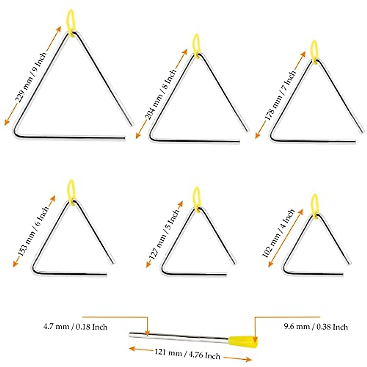 MUKCHAP 6 Pack Musical Triangle Instrument Set, 4, 5, 6, 7, 8, 9 Inch Musical Triangle with Striker, Musical Steel Triangle Percussion Instrument for Rhythm Education and Ornament