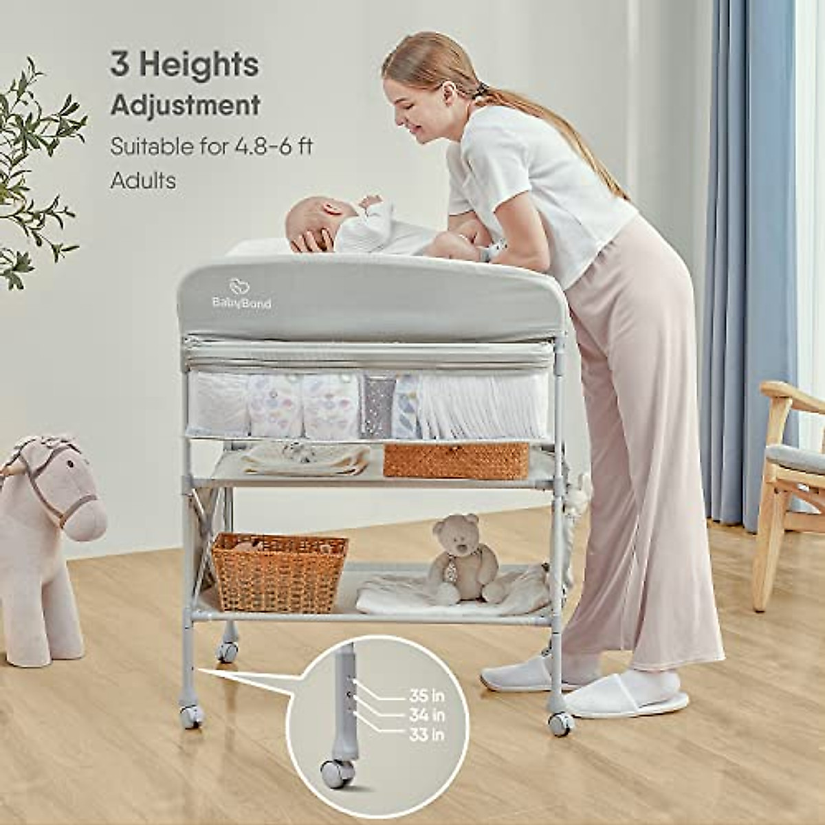 Portable Baby Changing Table, BabyBond Foldable Changing Table Dresser Waterproof Diaper Changing Table Height Adjustable Changing Station for Infant and Newborn(Beige)