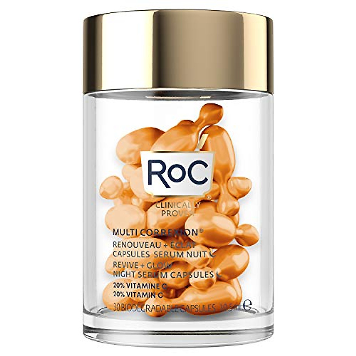RoC Multi Correxion Revive + Glow 20% Pure Vitamin C Night Serum Capsules for Brightening, Dark Spots, and Texture