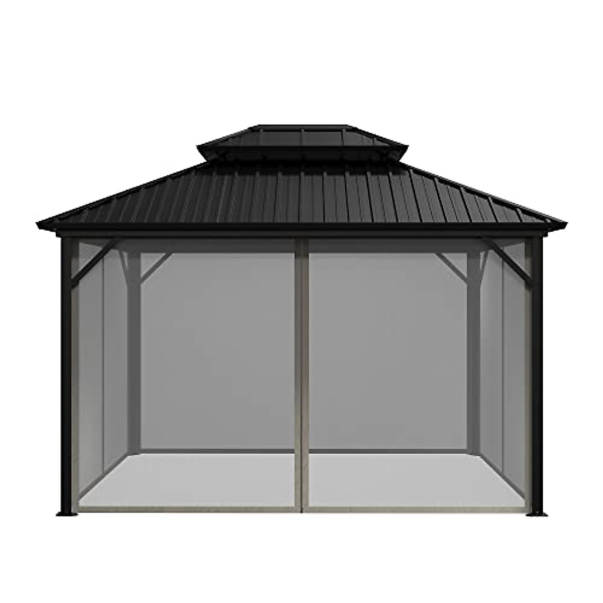 MONDAWE 10x12Ft Hardtop Gazebo with Netting Heavy Duty Permanent Gazebo Galvanized Steel Double Roof Pavilion Steel Frame Canopy Outdoor for Patio Lawn Garden