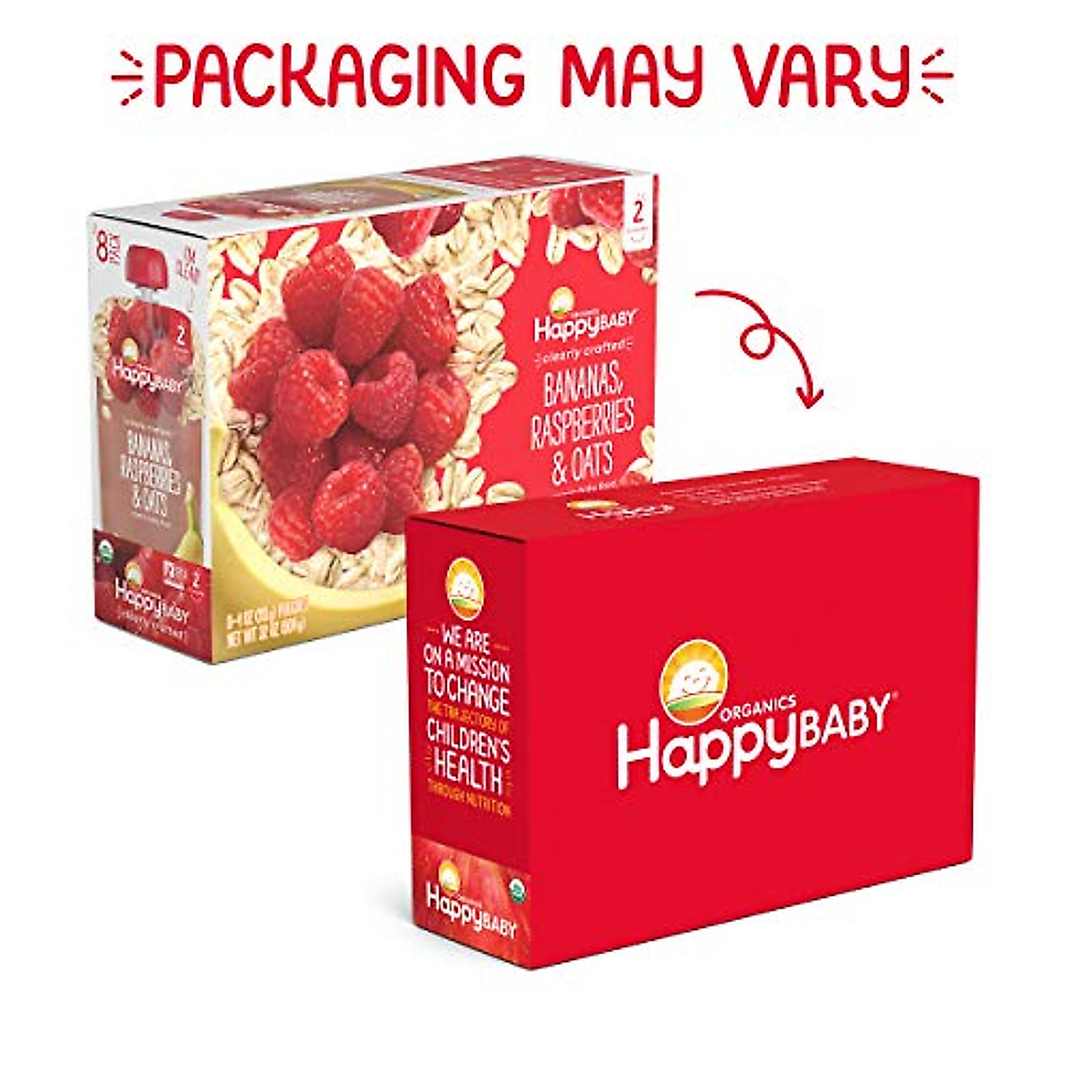 Happy Baby Organics Clearly Crafted Stage 2 Baby Food Bananas Raspberries & Oats, 4 Ounce Pouch Resealable Baby Food Pouches, Fruit & Veggie Puree, Organic Non-GMO Gluten Free Kosher (Pack of 8)