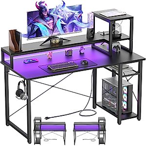 Besiost Gaming Desk with Lights & Power Outlets, 39.4' Computer Desk with Shelves, Small Desk for Small Space, Writing Desk with Monitor Stand, Black