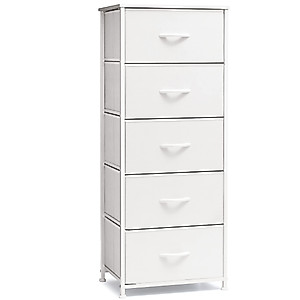 Crestlive Products Tall Dresser Vertical Storage Tower - Sturdy Steel Frame, Wood Top, Easy Pull Fabric Bins - Organizer Unit for Bedroom, Hallway, Entryway, Closets - 5 Drawers(White)