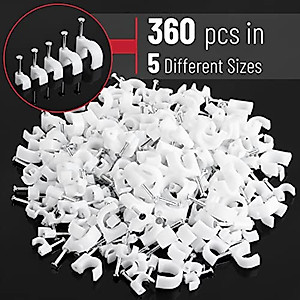 Bates- Cable Clips with Steel Nails, White, 360 pcs, 4mm 5mm 6mm 8mm 10mm, Wire Clips, Cord Clips, White Cable Clips, Ethernet Cable Clips, Cable Wire Clips, Coax Cable Clips, Cable Cord Clips.