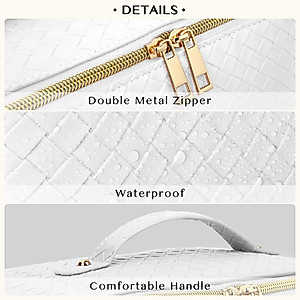 AURUZA Large Capacity Makeup Bag, Travel Cosmetic Bag With Handle and Divider Flat Lay Makeup Organizer Bag, Portable Toiletry Bag,Makeup Storage Bag,Makeup Brush Bag for Women (White)