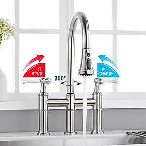 ARRISEA Heritage Bridge Kitchen Faucet with Pull-Down Sprayhead 2 Handle 8 Inch Faucet for Kitchen Sinks 3 Hole Install Kitchen Sink Faucet Fingerprint Resistant Spot Free Brushed Nickel