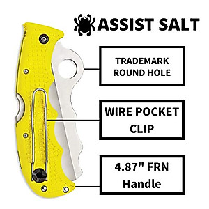 Spyderco Assist Salt Knife with 3.68" H-1 Corrosion-Resistant Stainless Steel Blade and Lightweight Yellow FRN Handle - SpyderEdge - C79PSYL
