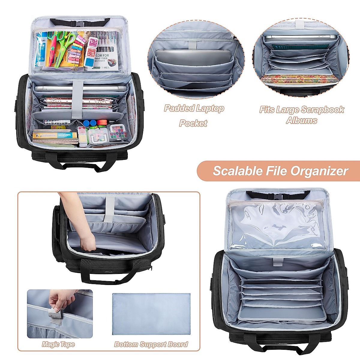 CURMIO Rolling Scrapbook Tote with Wheel, Craft Storage Bag with Expandable File Organizer for Scrapbook Supplies, Albums, Black (Bag Only)