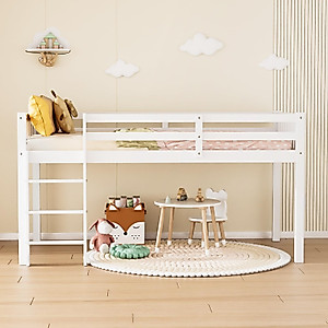 JOYMOR Twin Loft Bed Low Loft Bed Frame for Little Kids Small Room/Low Ceiling Bedrrom with Guardrail and Ladder, White