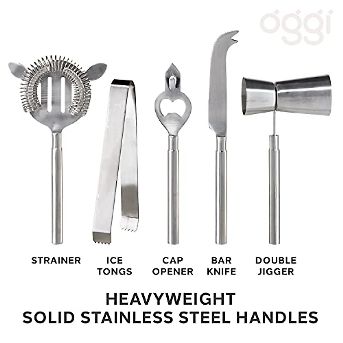 OGGI Modernist Stainless Steel Bar Tool Set w/Wood Accent- Ideal Bar Accessories, Cocktail Set, Bar Set, Bar Cart Décor; Includes Bar Knife, Ice Tongs, Drink Strainer, Double Jigger & Cap/Can Opener