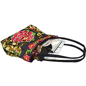 Women's Unique Vintage Hobo Tote Bags Red Peony Floral Embroidered Shoulder Handbags Bags for Lady