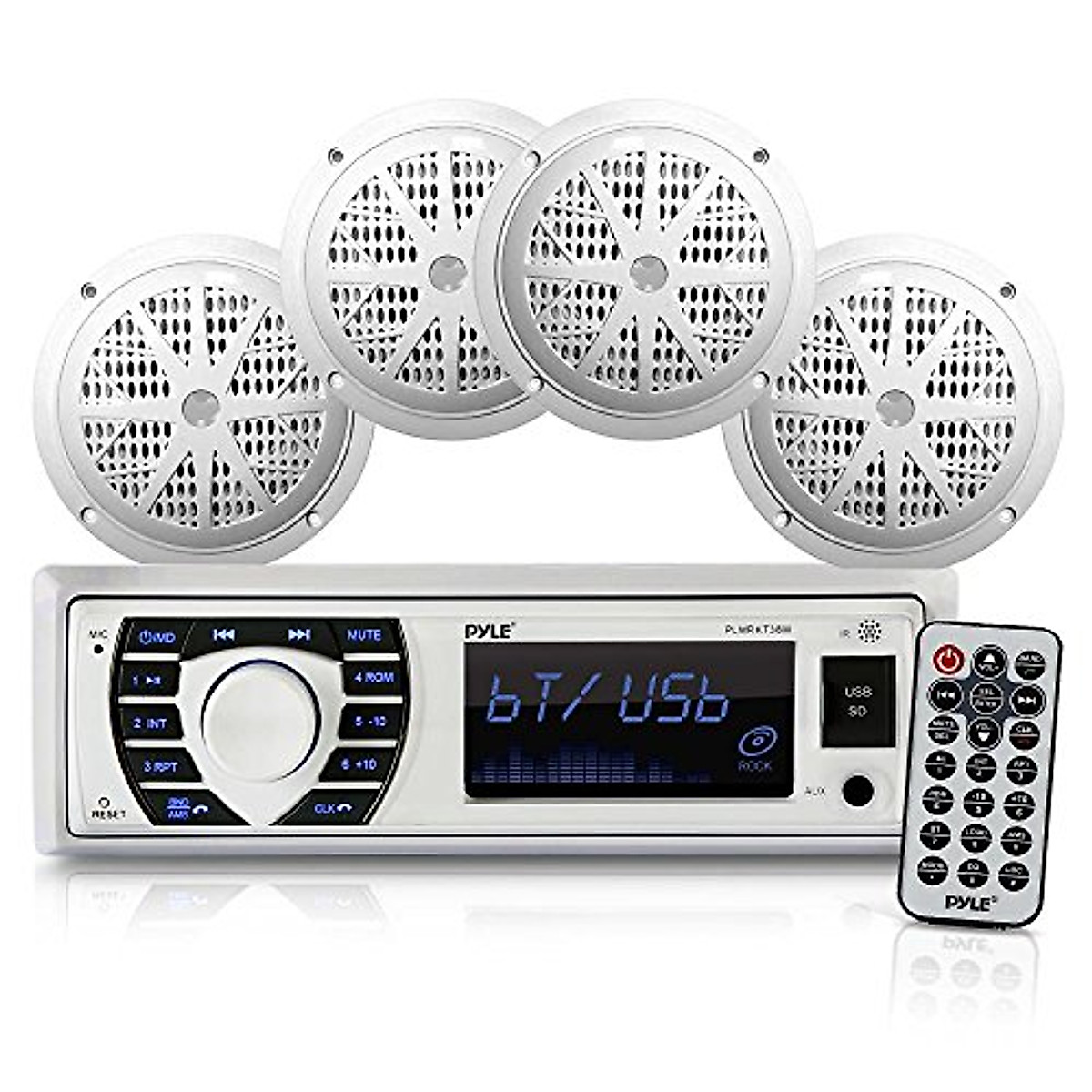 Marine Radio Receiver Speaker Set 12v Single Din Style Bluetooth Compatible Waterproof Digital Boat in Dash Console System (White) & Water Resistant Marine Stereo Cover - Pyle PLMRCW2,White