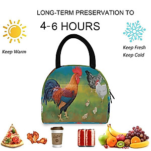 ZzWwR Village Roosters Hen Rural Reusable Lunch Tote Bag Insulated Thermal Cooler Container Bag for Back to School Work Picnic Travel Fishing Beach