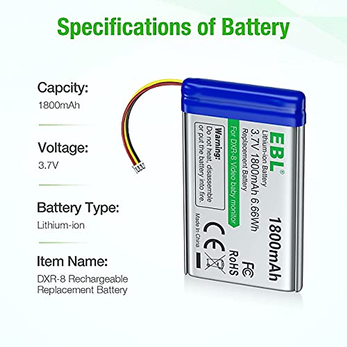 EBL Replacement Battery for Infant Optics DXR-8 Video Baby Monitors, 1800mAh High Capacity 3.7V Lithium Ion Sp 803048 Rechargeable Battery
