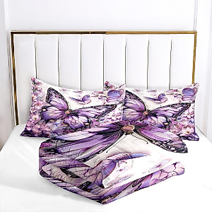 CCoutueChen Purple Butterfly Comforter Set Queen Size Chic Flower Butterfly Bedding Sets Botanical Plants Comforter Quilt Boho Animal Bed Set 3Pcs Soft Fluffy Comforter for Girls Women Adult Room