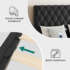 YITAHOME King Velvet Bed Frame with 53" Tall Headboard,Upholstered Platform Bed with 2 USB C/A, Button Tufted Velvet Headboard,No Box Spring Needed,Noise-Free (Black, King)