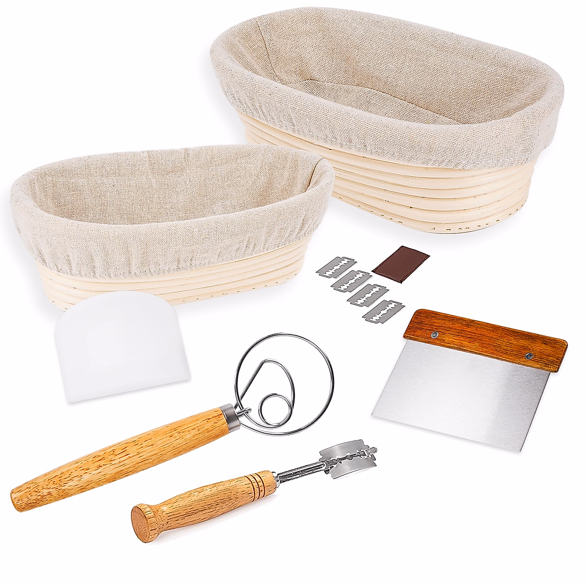 Nature's Loaf Banneton Bread Proofing Basket Set | 2 Oval Baskets with Sourdough Bread Baking Supplies - Complete Kit Including Proofing Baskets, Danish Whisk, Bowl Scraper, Dough Scraper, Bread Lame