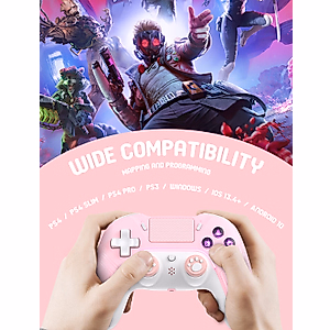 PHNIXGAM Pink Wireless Controller Compatible with Ps4/Ps4 Pro/Ps4 Slim/PC/iOS 13.4 Above/Android 10, Gaming Controller with Touchpad, Motion Sensor, Speaker, Headphone Jack, LED and Back Button
