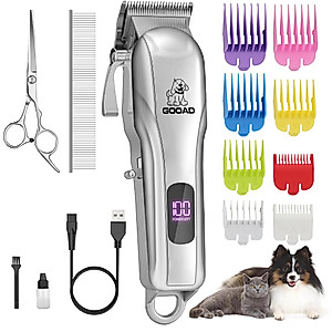 Gooad Dog Clippers for Grooming, Cordless,Low Noise, Electric Quiet,Rechargeable, Pet Hair Clippers for Thick Coats, Dog Trimmer Grooming Kit, Shaver for Small and Large Dogs Cats,Silver