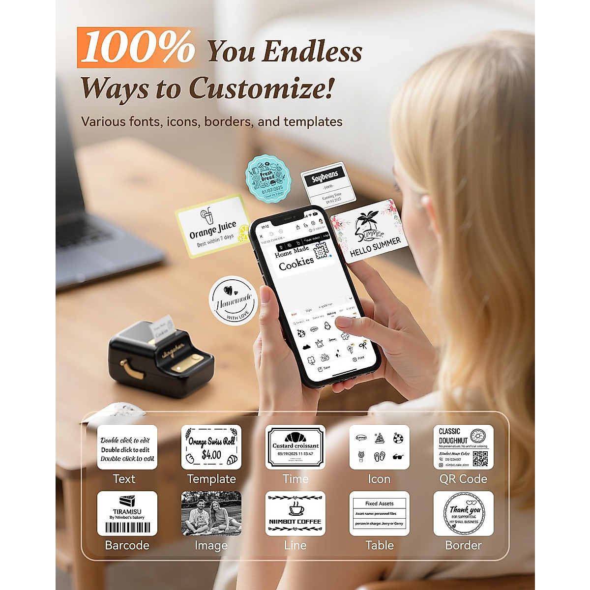 NIIMBOT B21 Inkless Label Maker, Portable Thermal Label Printer for Clothing, Address, Business, Compatible with iOS & Android, with 1 Pack 1.96x1.18 inch White Label, Black