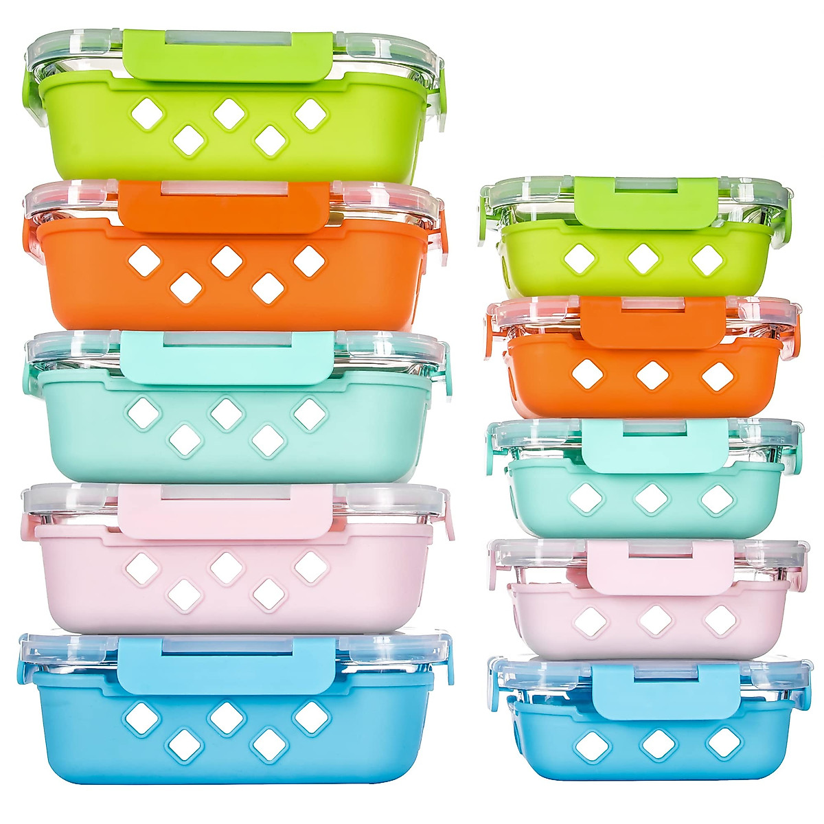 YARYOUNG 10 Pack Glass Meal Prep Containers with Removable Silicone Sleeves,Food Storage Container Set with Airtight Lids (34oz+12oz)