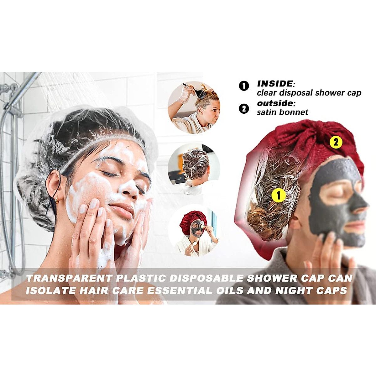 Satin Bonnet for Women Hair Bonnet for Sleeping Large Double Layer Silk Sleep Cap with Wide Elastic Band Hair Cap for Sleeping with 45PCS Waterproof Disposable Shower Caps (Black)