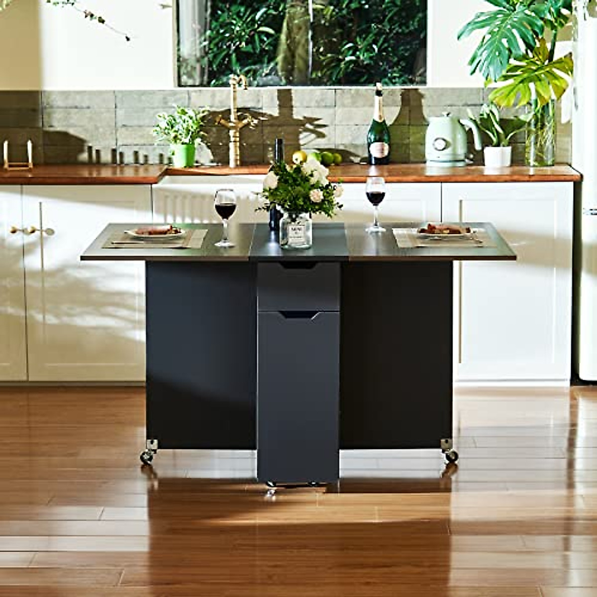 VONLUCE Drop Leaf Dining Table, Modern Folding Dining Table & Expandable Kitchen Table with Storage Shelves & Drawer, Rolling Space Saving Dining Table on 6 Wheels, Gray & Wood Grain Transformer Table