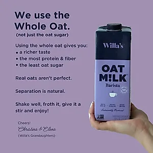 Willa's Organic Barista Oat Milk, Gluten Free, Vegan, Foams & Froths For Coffee Creamer/Matcha, Whole Grain Oats, Maple Sugar, Vanilla Extract, Non GMO, 3g Sugar, 4g Protein, 32 oz, 1 Pack