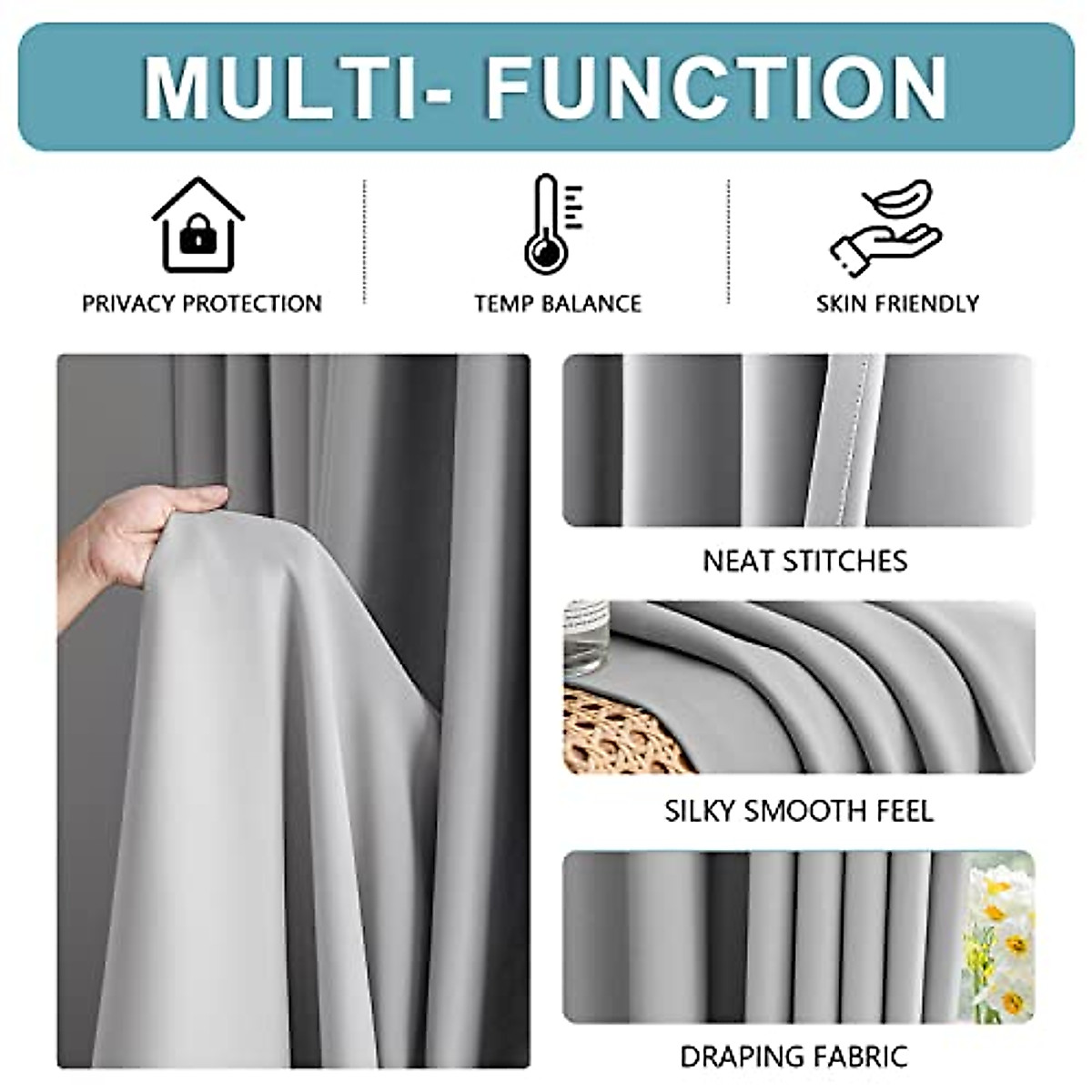 Rutterllow Blackout Curtains for Bedroom, Thermal Insulated Room Darkening Rod Pocket Curtains for Living Room,2 Panels (52x72 Inch, Light Grey)