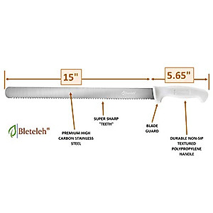 Bleteleh Extra-Long 15-Inch Blade Slicing Knife Serrated Edge, White Handle