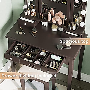 Tiptiper Vanity Desk, Makeup Vanity Set with Lighted Mirror and Stool, Dressing Table with 5 Drawers, 3 Light Settings & Adjustable Brightness, Espresso