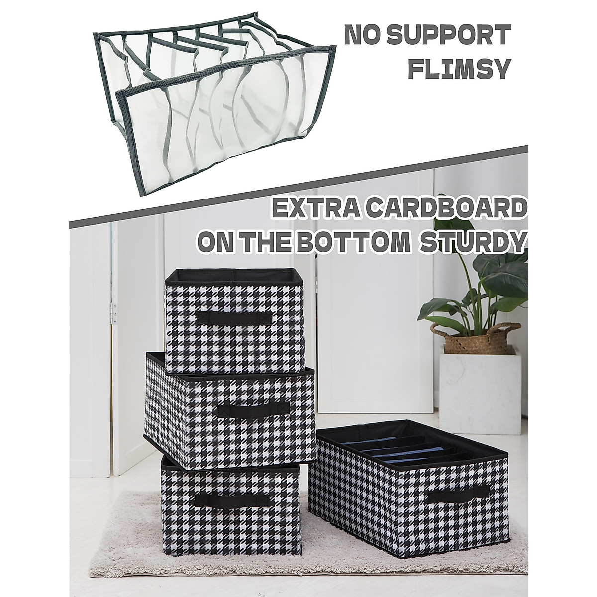 MYTHAUS 3 Pack Large Wardrobe Clothes Organizer, 6 Grid Closet Organizer for Jeans, Pants, T-Shirts, Underwear, Scarf, Foldable Fabric Drawer Organizer Storage Bin with Dual Handles, Black and White