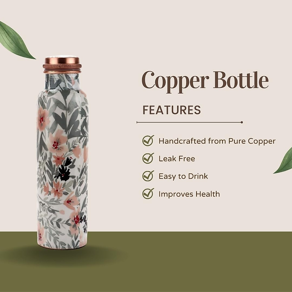 Perilla Home Pure Copper Water Bottle 34 Oz Leak Proof 100% Pure - Ayurvedic Copper Vessel - Drink More Water And Enjoy The Health Benefits Immediately - For Daily use Gym, Yoga Bottle (Printed 1)