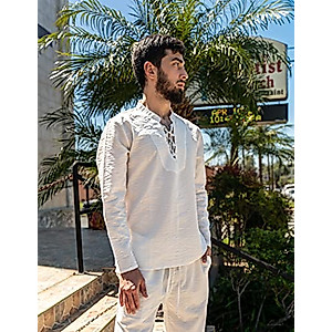 COOFANDY Men's 2 Piece Linen Set Long Sleeve Henley Shirts Casual Beach Pants With Pockets Summer Yoga Outfits