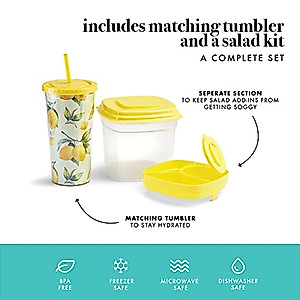 Fit & Fresh Copley Adult Insulated Lunch Bag with Side Pouches & Carry Handles, Complete Lunch Kit Includes Matching Tumbler & Salad Kit, Lemons