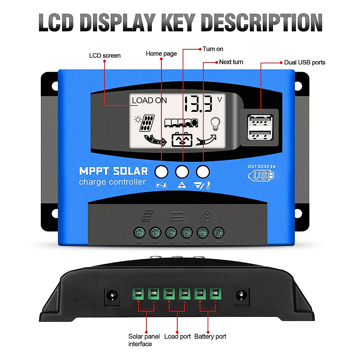 60A MPPT Solar Charge Controller 12v/24v Current Auto Focus MPPT Tracking Charge with LCD Display Dual USB Solar Regulator Charge Controller Multiple Load Control Modes