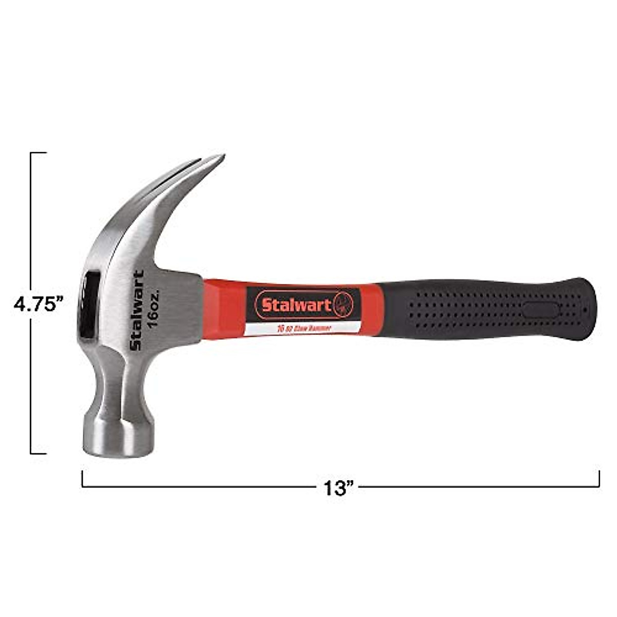 Fiberglass Claw Hammer with Comfort Grip Handle and Curved Rip Claw, 16 Oz - Durable Tool for Home Repair, DIY, Building, Woodwork by Stalwart (Red)