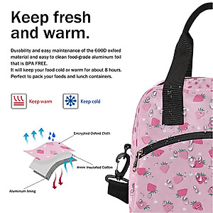 Pardick Pink Strawberry Insulated Lunch Bag Polka Dot Lunch Box for Women Girl with Shoulder Strap Tote Bag Reusable Large Containers Meal Prep for School Work Travel Picnic Thermal Cooler Bag
