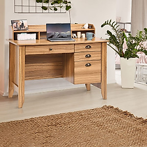 Catrimown Computer Desk with Drawers and Hutch, Farmhouse Home Office Desk Writing Table Wood Executive Desk Student Desk with File Drawer for Small Space, Bedroom, Rustic Oak