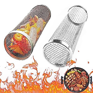 Rolling Grilling Baskets for Outdoor Grilling - Perfect BBQ Net for Veggies,Fries,Fish,Meats - 2PCS Cylindrical Stainless Steel Grilling Mesh for Outdoor BBQ Cooking/Camping/Picnic(8.2 Inch-High)