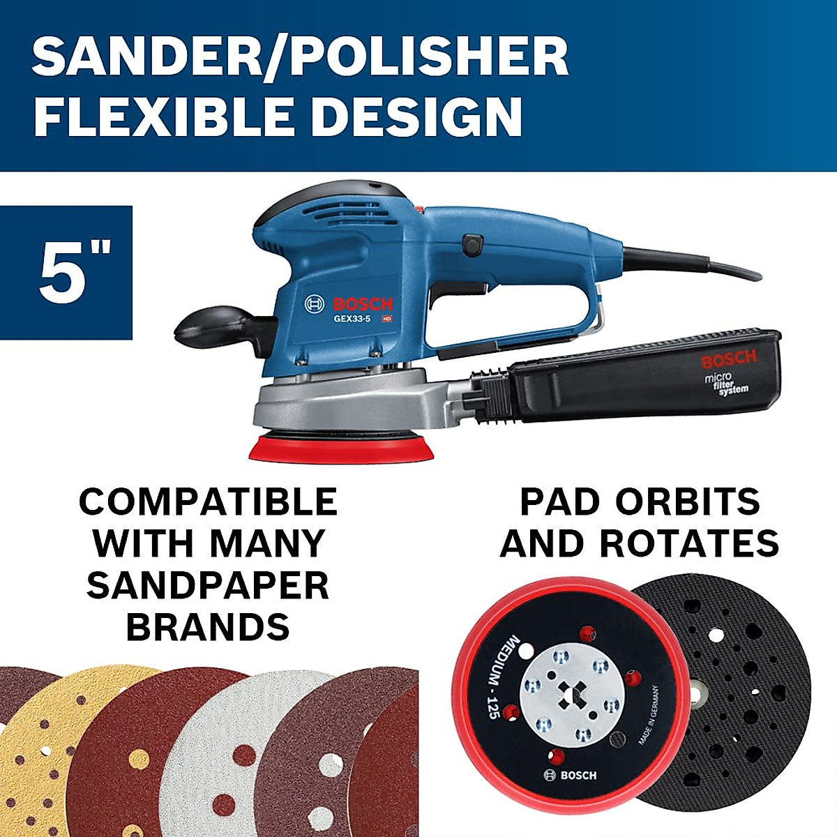BOSCH GEX33-5N 5 In. Multi-Hole Random Orbit Sander/Polisher