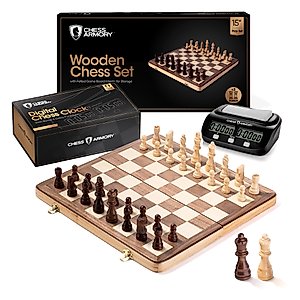 Chess Armory 15 inch Wooden Chess Set and Chess Clock Bundle for Kids and Adults