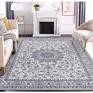 Area Rug Living Room Rugs: 8x10 Oriental Persian Floral Distressed Carpet Large Machine Washable Indoor Non Slip Carpets for Under Dining Table Farmhouse Bedroom Nursery Home Office Grey Blue