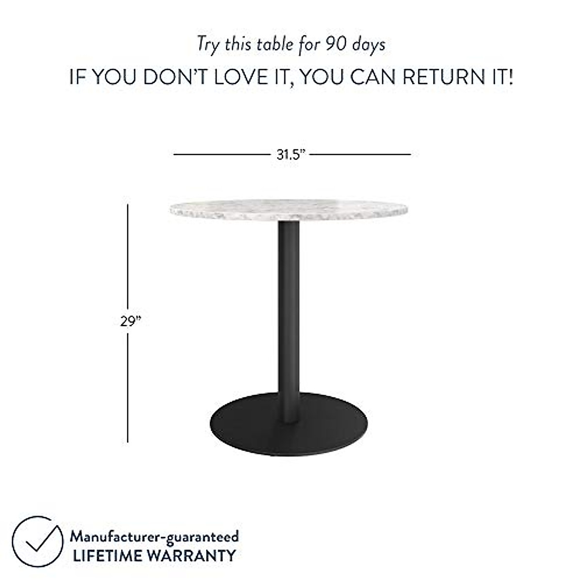 Nathan James Bistro Lucy Small Mid-Century Modern Kitchen or Dining Table with Faux Carrara Marble Top and Brushed Metal Pedestal Base, Black, 31.5D x 31.5W x 29H in