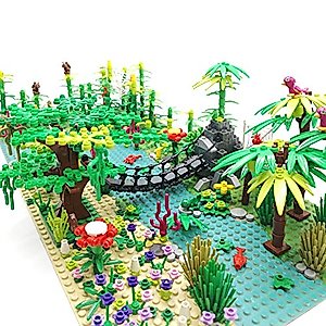 ZHX Rainforest Jungle Bridge Building Block Toys with 2pcs Baseplates(10x10 inches Each) Garden Bricks Accessories Bush Flowers Animals Coconut Trees for Classic Brick Block Toys