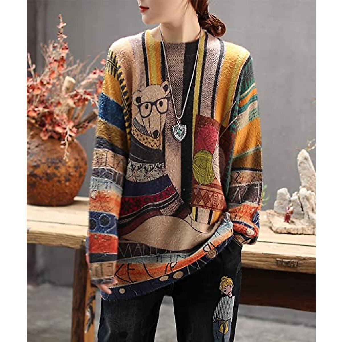 YESNO Women Sweater Graphic Oversized Pullover Sweaters Casual Loose Long Sleeve Knit Tops M S01 CR31