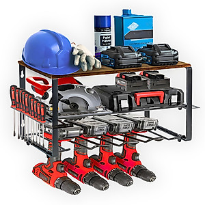 HomeBoo Power Tool Organizer, 4 Power Drill Holder Wall Mount, 3 Layers Heavy Duty Rack WOOD Top Shelf, Garage Tool Organizer, Garage Storage Shelf, Father Day Gift